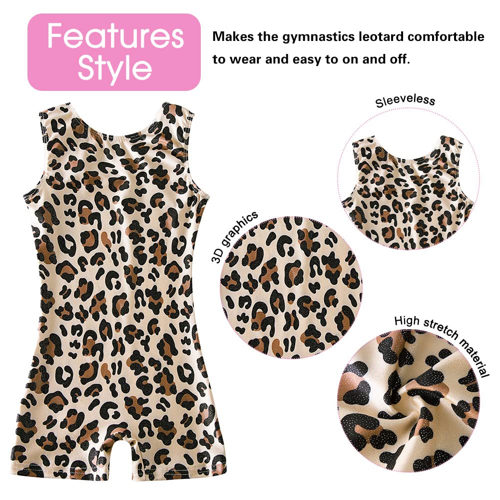 uideazone Leotards for Big Girls Dance Gymnastics Apparel Quick Dry Leopard Printed Kids Unitards Biketards Gym Outfits