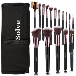 makeup brushes solve professional 16pcs brushes set with case，face makeup brushes set foundation eyeshadow brush set travel make up brushes with wooden handle softy synthetic fiber（𝑩𝒍𝒂𝒄𝒌 & 𝑹𝒐𝒔𝒆）