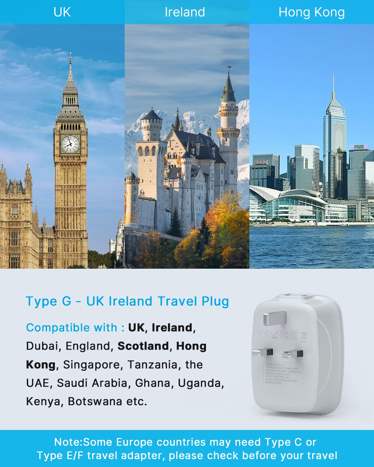 [3-Pack] UK Ireland Travel Plug Adapter, VINTAR International Power Adaptor with 1USB C, 2American Outlets and 3USB Ports, 6 in 1 Type G Plug Adapter