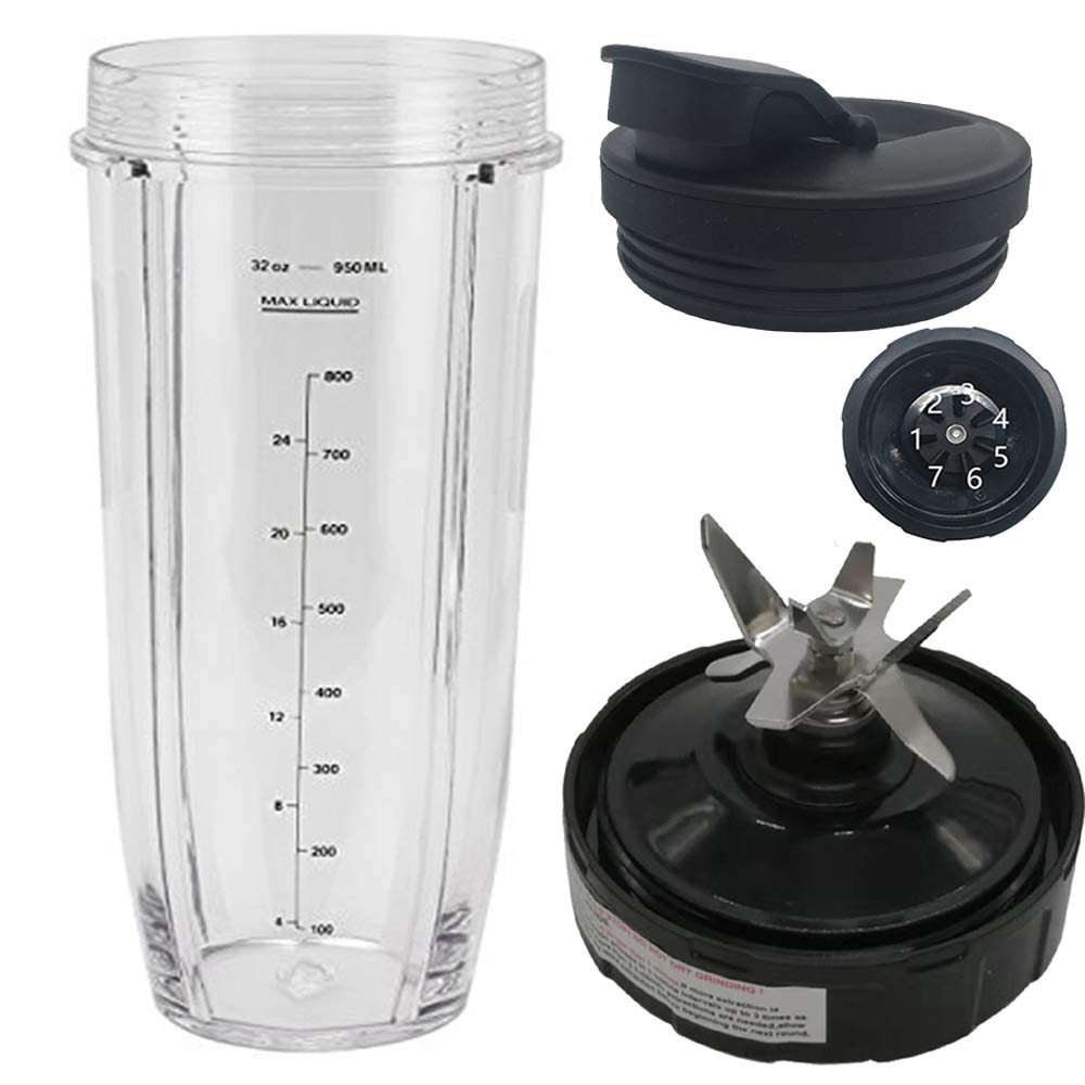 Replacement parts 7 male fins blade with 32oz cup and spout lid for 1200W Nutri Ninja Auto-IQ Smooth Boost Blender:BL490 30/BL491 30/BL492 30/BL492W 30/ BL493Z 30/BL494 30 (10, 27)