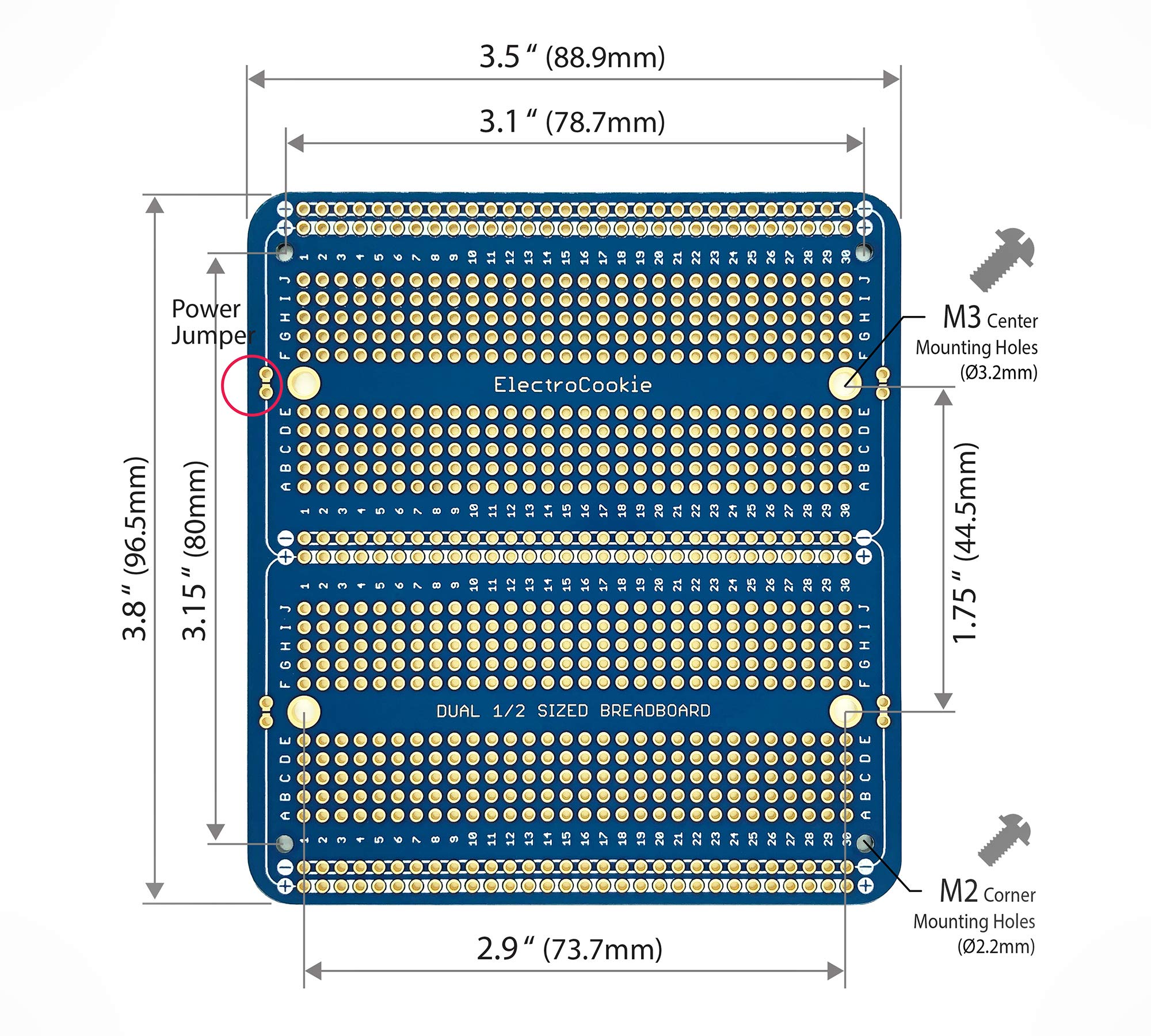 ElectroCookie Solderable Breadboard PCB Double Column Board for Electronics Projects Compatible for DIY Arduino Soldering Projects, Gold-Plated (3 Pack, Blue)