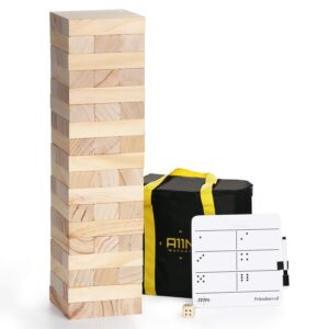 a11n tumble tower game | 54 blocks, starts at 1.5 feet tall and build to 3 feet tall | wooden stacking yard game with carrying bag, rules board, 1 dice