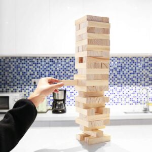 A11N Tumble Tower Game | 54 Blocks, Starts at 1.5 Feet Tall and Build to 3 Feet Tall | Wooden Stacking Yard Game with Carrying Bag, Rules Board, 1 Dice