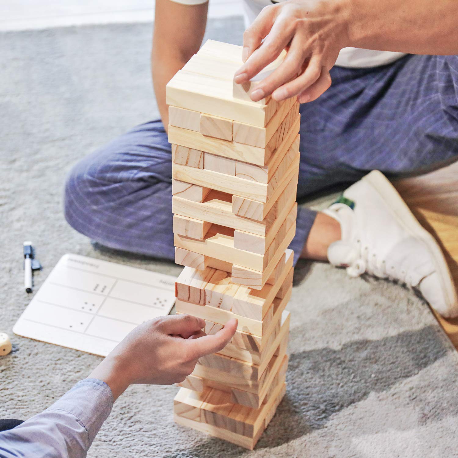 A11N Tumble Tower Game | 54 Blocks, Starts at 1.5 Feet Tall and Build to 3 Feet Tall | Wooden Stacking Yard Game with Carrying Bag, Rules Board, 1 Dice