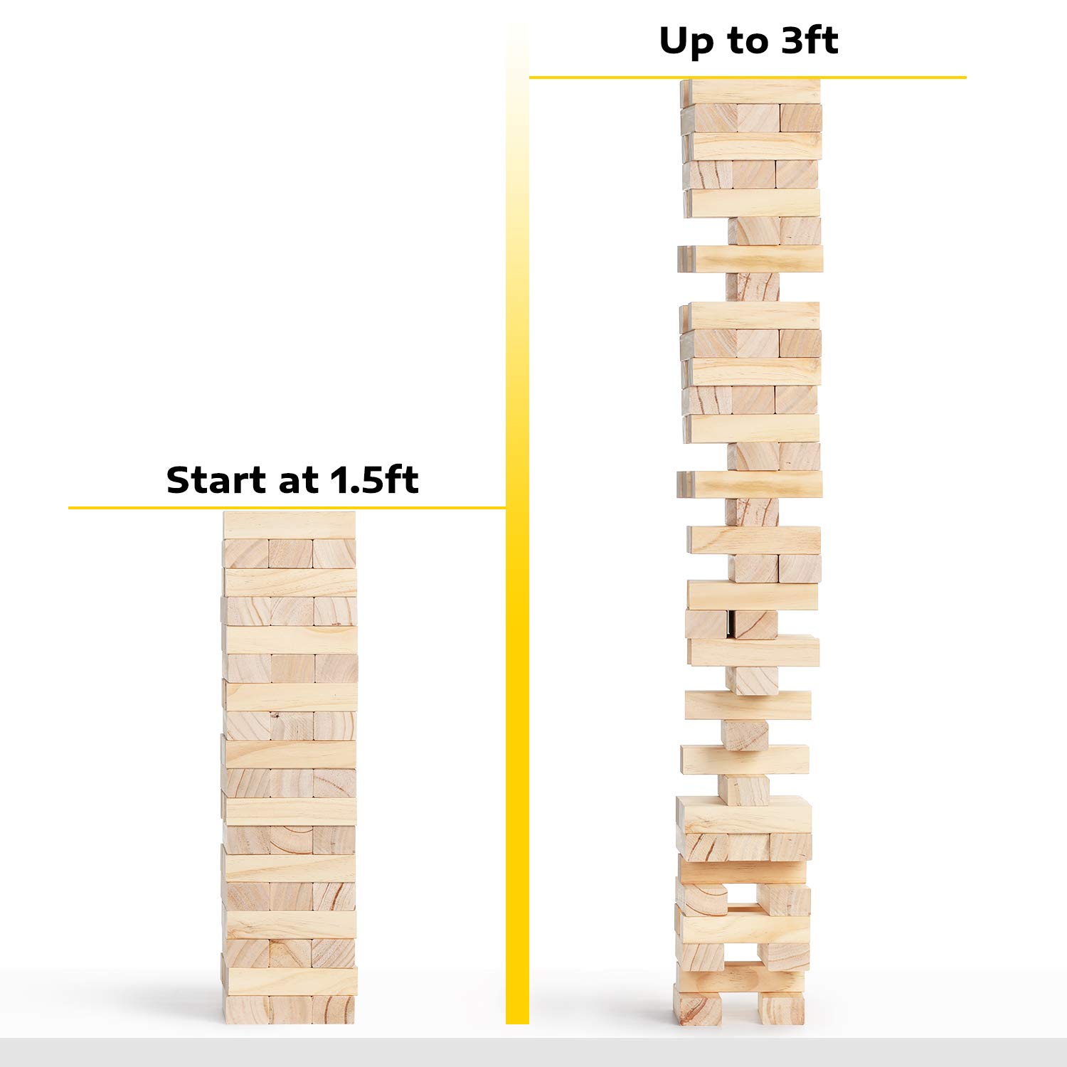 A11N Tumble Tower Game | 54 Blocks, Starts at 1.5 Feet Tall and Build to 3 Feet Tall | Wooden Stacking Yard Game with Carrying Bag, Rules Board, 1 Dice