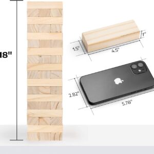 A11N Tumble Tower Game | 54 Blocks, Starts at 1.5 Feet Tall and Build to 3 Feet Tall | Wooden Stacking Yard Game with Carrying Bag, Rules Board, 1 Dice