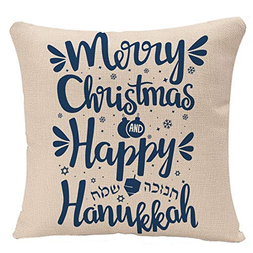 YGGQF Throw Pillow Covers Festival Hand Written Lettering with Text Happy Hanukkah and Merry Christmas Hanuka Pillow Case 18x18 Inch Square Cushion Cover Pillowcase