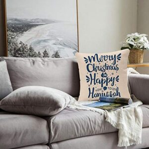 YGGQF Throw Pillow Covers Festival Hand Written Lettering with Text Happy Hanukkah and Merry Christmas Hanuka Pillow Case 18x18 Inch Square Cushion Cover Pillowcase