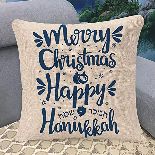 YGGQF Throw Pillow Covers Festival Hand Written Lettering with Text Happy Hanukkah and Merry Christmas Hanuka Pillow Case 18x18 Inch Square Cushion Cover Pillowcase