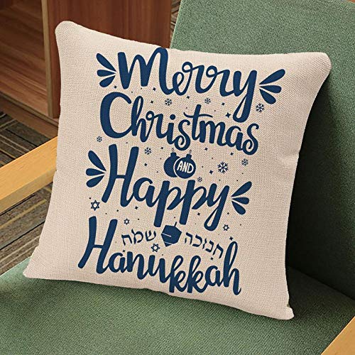 YGGQF Throw Pillow Covers Festival Hand Written Lettering with Text Happy Hanukkah and Merry Christmas Hanuka Pillow Case 18x18 Inch Square Cushion Cover Pillowcase