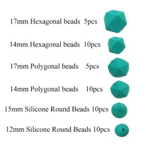 Alenybeby 50pcs DIY Silicone Pearl Beads Set 14/17mm Hexagon Icosahedron 12/15mm Round Beads for Keychain Mom Craft Necklace Jewelry Making