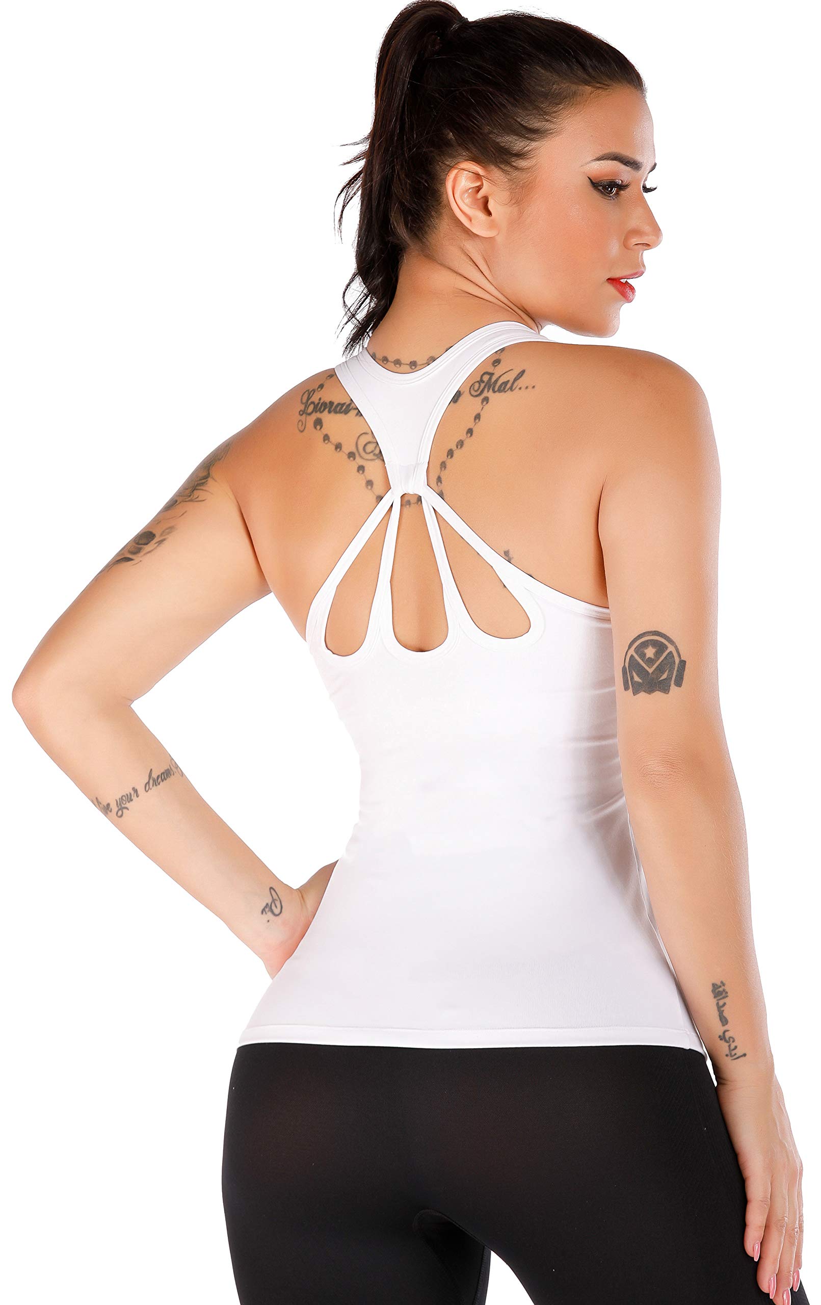 RUNNING GIRL Tank Top for Women, Workout Ribbed White Sports Bra Racerback Long Tank Tops Loose Fit Plus Size(BX2356 White, CN:L,US:M)