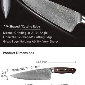 Damascus Chef Knife 8 Inch Kitchen Knives Professional Super Steel VG10 High Carbon Stainless Very Sharp Damascus Steel Knife Comfortable Ergonomic Micarta Handle Luxury Gift Box