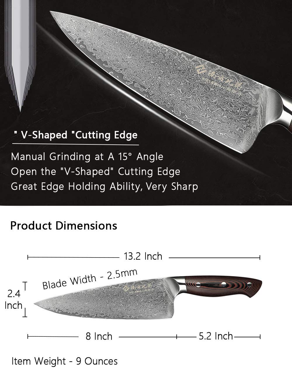 Damascus Chef Knife 8 Inch Kitchen Knives Professional Super Steel VG10 High Carbon Stainless Very Sharp Damascus Steel Knife Comfortable Ergonomic Micarta Handle Luxury Gift Box