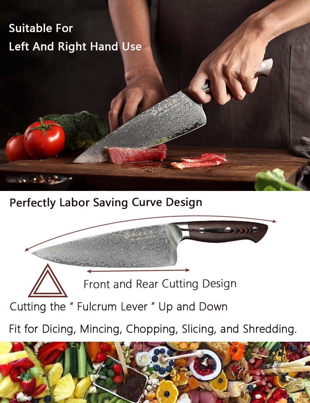 Damascus Chef Knife 8 Inch Kitchen Knives Professional Super Steel VG10 High Carbon Stainless Very Sharp Damascus Steel Knife Comfortable Ergonomic Micarta Handle Luxury Gift Box