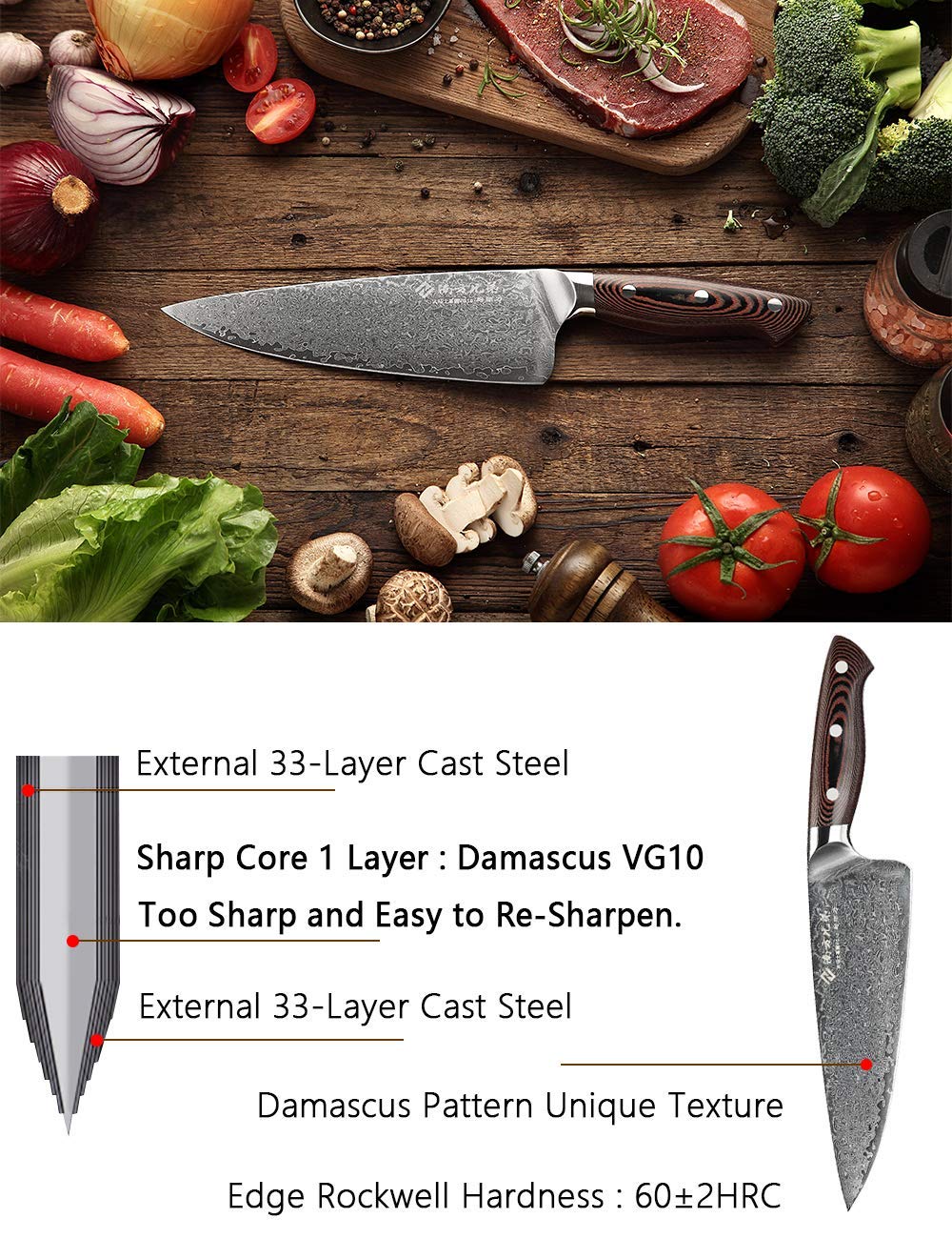 Damascus Chef Knife 8 Inch Kitchen Knives Professional Super Steel VG10 High Carbon Stainless Very Sharp Damascus Steel Knife Comfortable Ergonomic Micarta Handle Luxury Gift Box