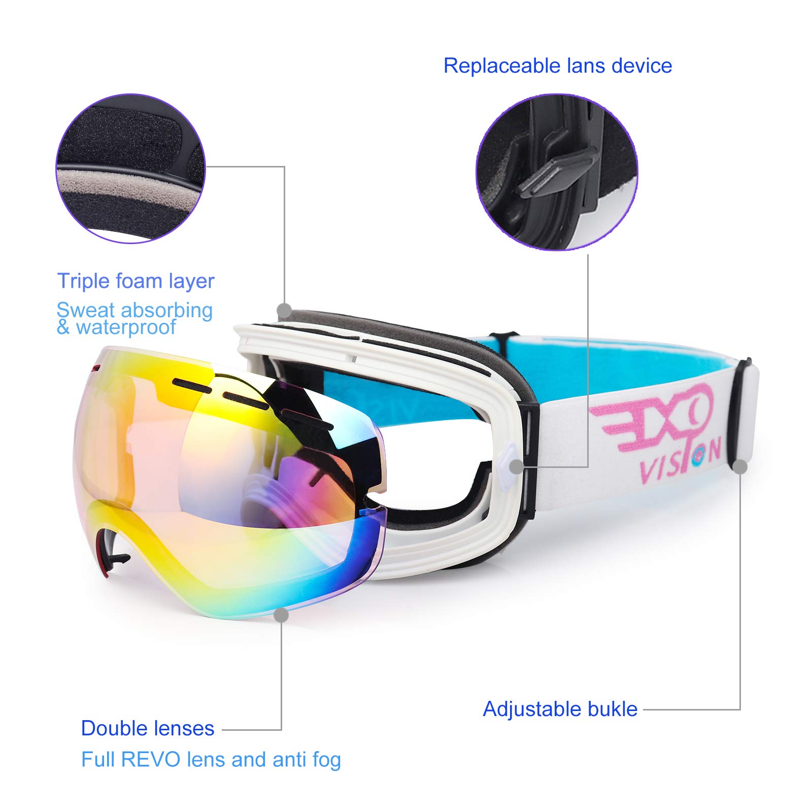 EXP VISION Ski Snowboard Goggles for Man Woman and Younth, OTG Snow Goggle Anti Fog UV400 Protection Winter Outdoor Sports Goggle-Pink