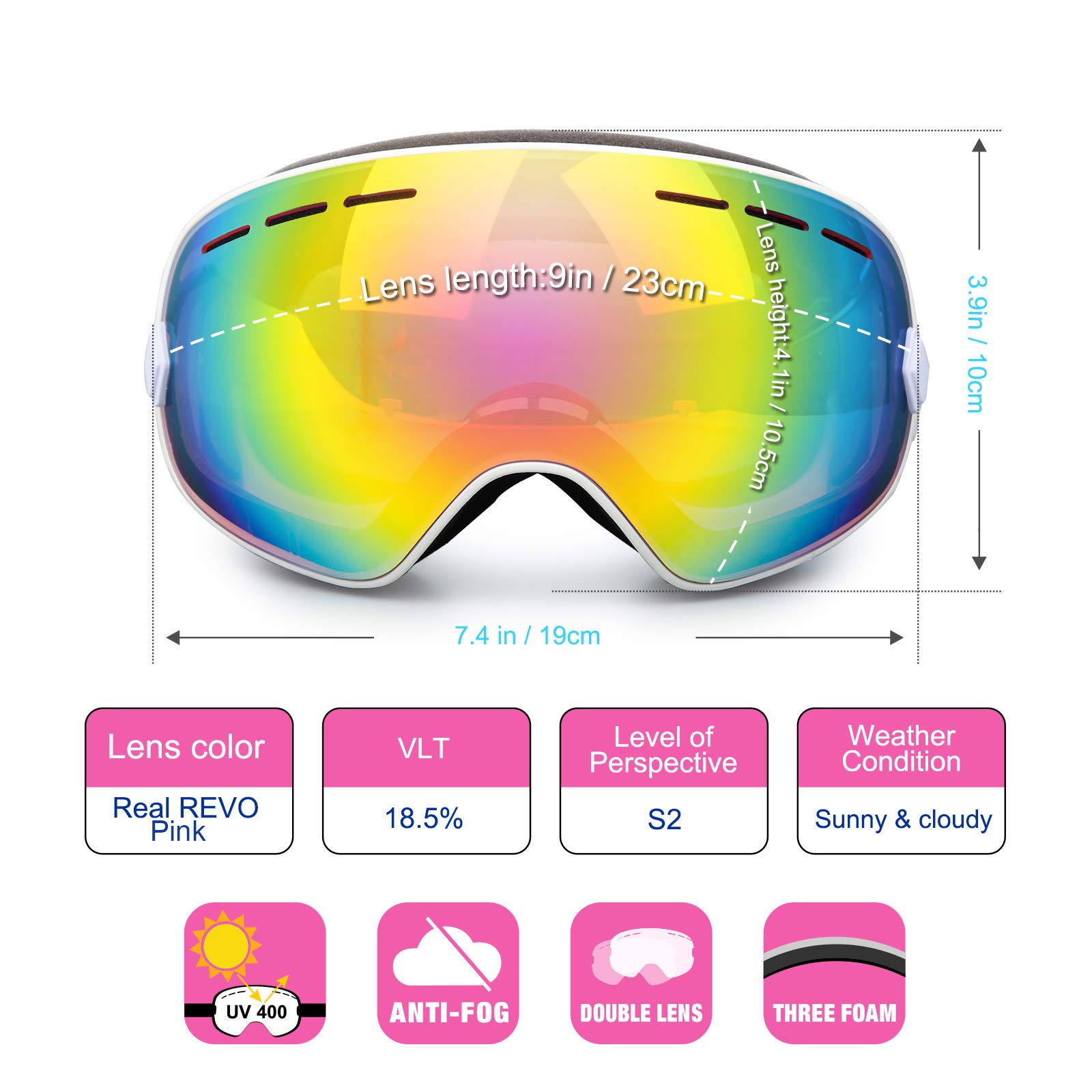 EXP VISION Ski Snowboard Goggles for Man Woman and Younth, OTG Snow Goggle Anti Fog UV400 Protection Winter Outdoor Sports Goggle-Pink