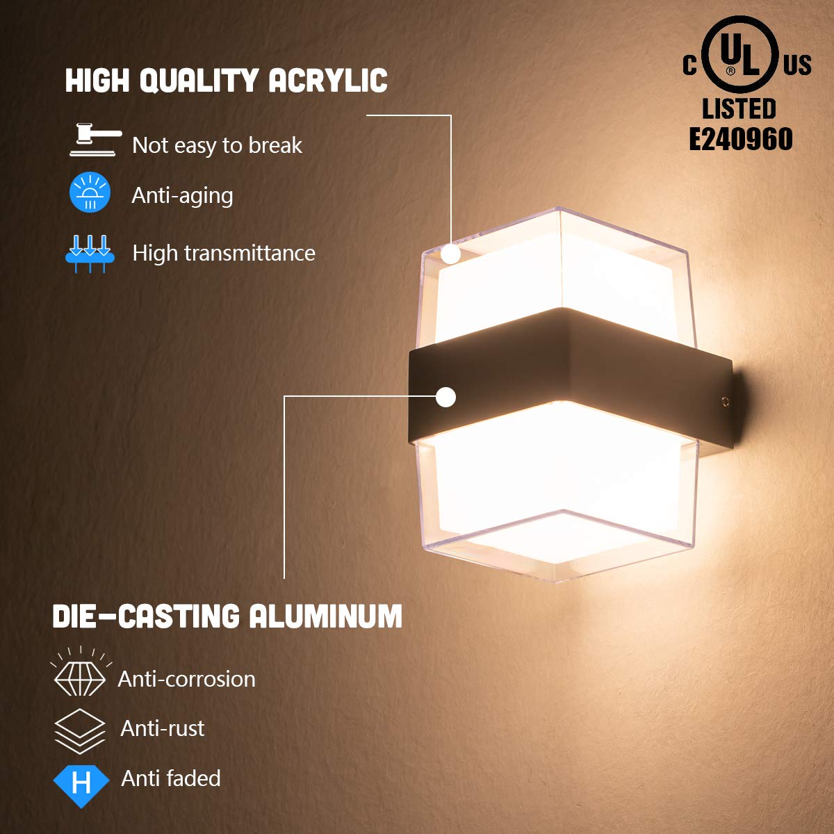 LED Outdoor Wall Lamp, Modern Up and Down Wall Sconce Light Fixtures Mini, GORGAN 14W 3000k Waterproof Acrylic Wall Light Suitable for Garages, Courtyards, Aisle, Gardens, Foyer, Warm White(Rectangle)