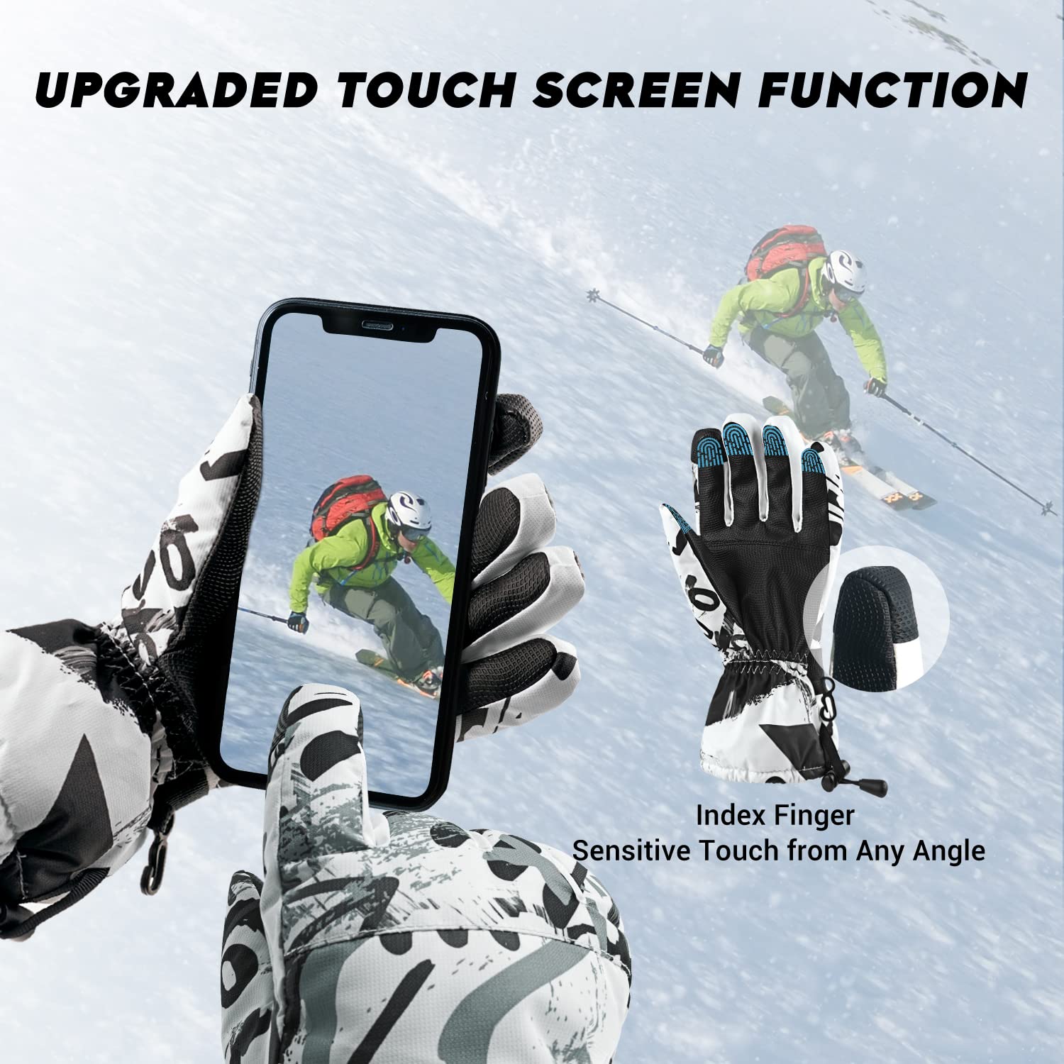 ATERCEL Ski Gloves Men Women Waterproof, 2023 Updated Touchscreen Snow Gloves, Thermal Insulation & Synthetic Leather Palm, Snowboard Winter Gloves for Cold Weather(Green, M)