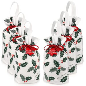 fabric gift bags for christmas presents - set of 6 christmas bags with drawstring, large christmas gift bags for presents, christmas gift wrap, reusable christmas bags for gifts (christmas holly)