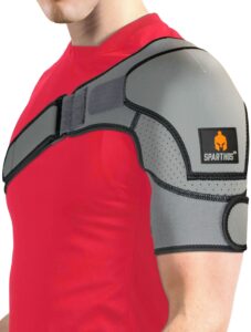 sparthos shoulder brace - support and compression sleeve for torn rotator cuff, ac joint pain relief - arm immobilizer wrap, ice pack pocket, stability strap, dislocated sholder - for men and women