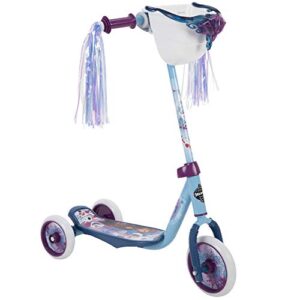 huffy 78919 frozen 2 girl scooter for kids, elsa & anna graphics, handlebar bin, preschool three wheels & streamers, blue/white