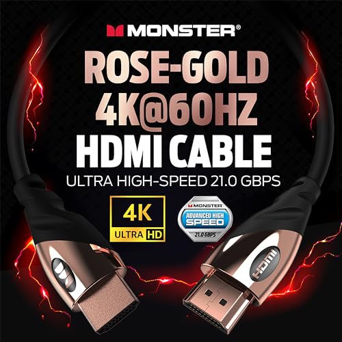 Monster 12Ft HDMI Electronic Cable 4K Ultra Hd with Ethernet Cord 60/120 Hz Refresh Speed 21Gbps 1080p Video Corrosion Resistant Gold Contact for Projector/Laptop/Monitor/Television/Personal Computer