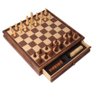 gse 15" large wooden 2-in-1 chess and checkers board game combo set with drawer, board games chess checker set