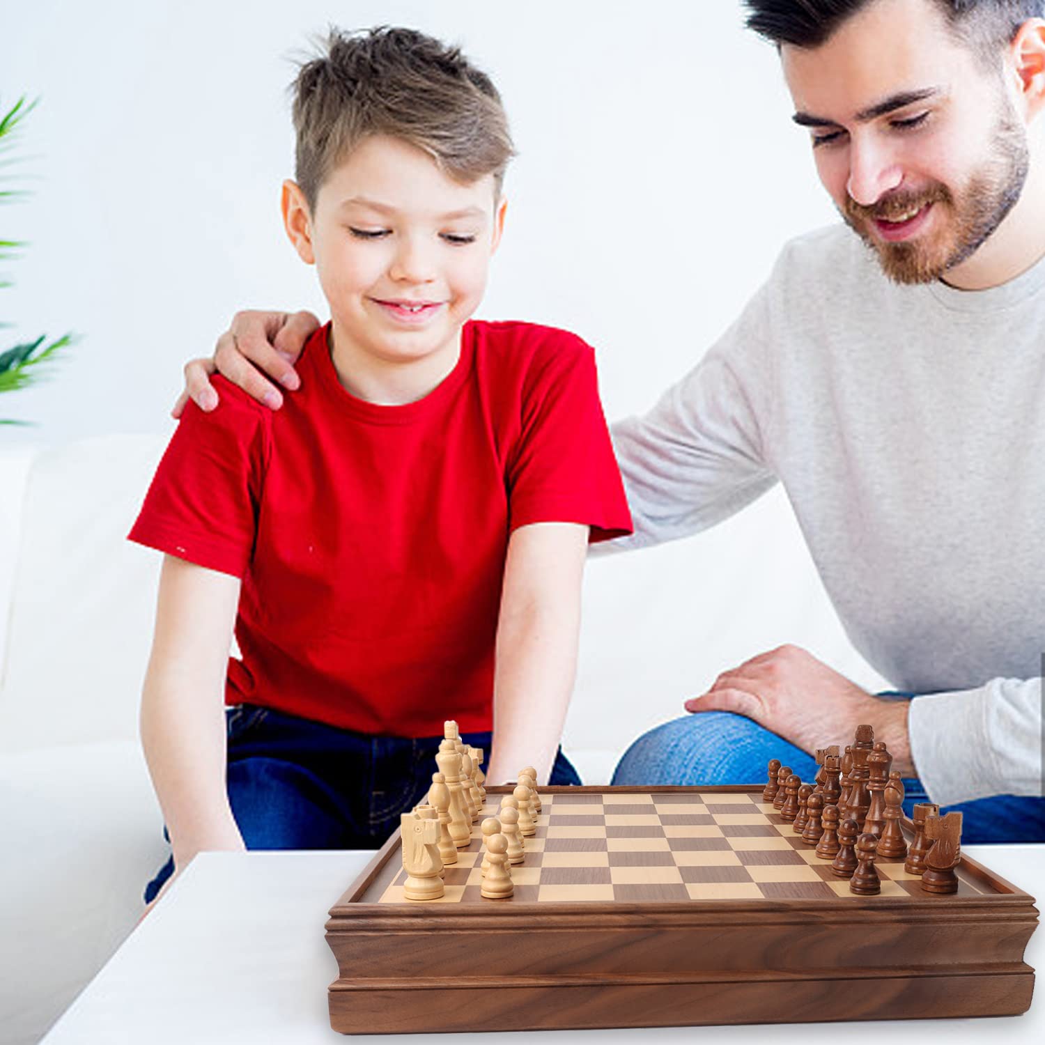 GSE 15" Large Wooden 2-in-1 Chess and Checkers Board Game Combo Set with Drawer, Board Games Chess Checker Set