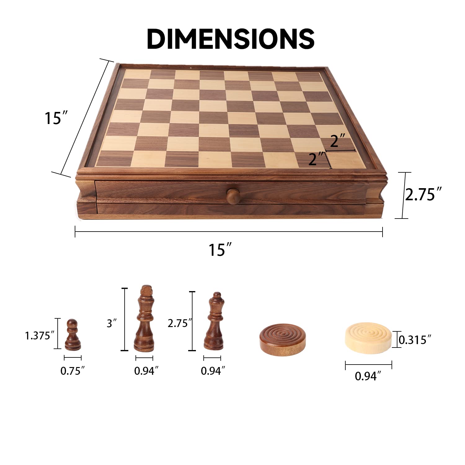 GSE 15" Large Wooden 2-in-1 Chess and Checkers Board Game Combo Set with Drawer, Board Games Chess Checker Set