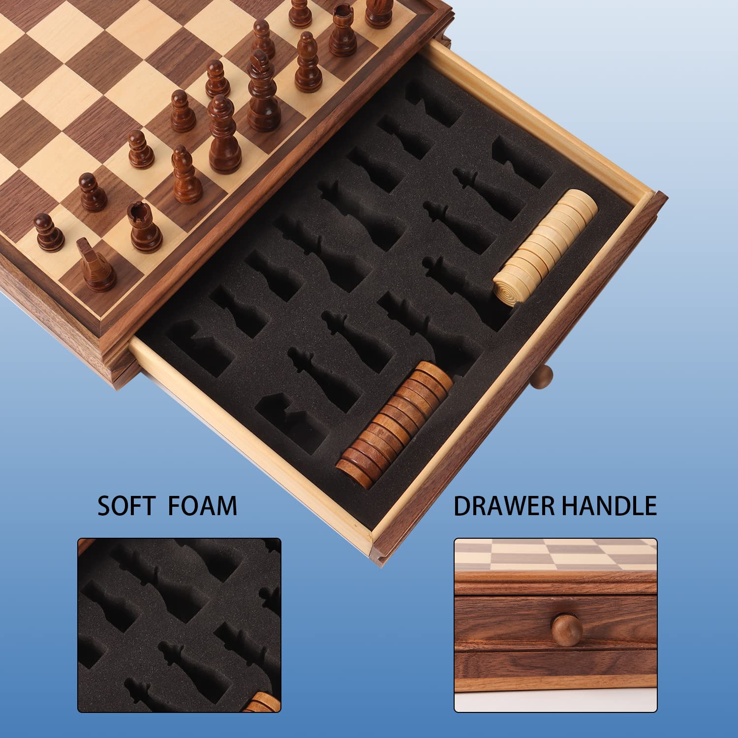 GSE 15" Large Wooden 2-in-1 Chess and Checkers Board Game Combo Set with Drawer, Board Games Chess Checker Set