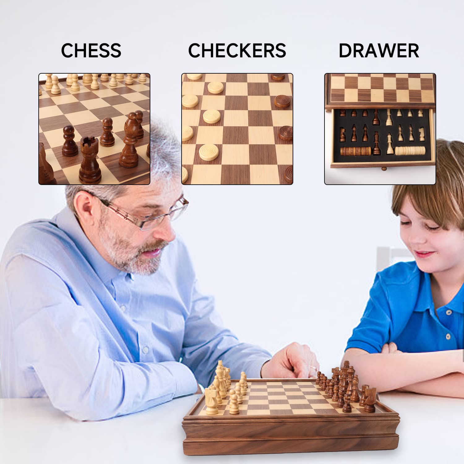 GSE 15" Large Wooden 2-in-1 Chess and Checkers Board Game Combo Set with Drawer, Board Games Chess Checker Set