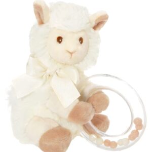 Bearington Baby Lil’ Alma Stuffed Animal Rattle: 5.5” Llama Shaker Toy with Soft Plush Faux-Fur, Satin Bow, Clear Ring and Moving Beads; Makes a Great Baby Shower Gift