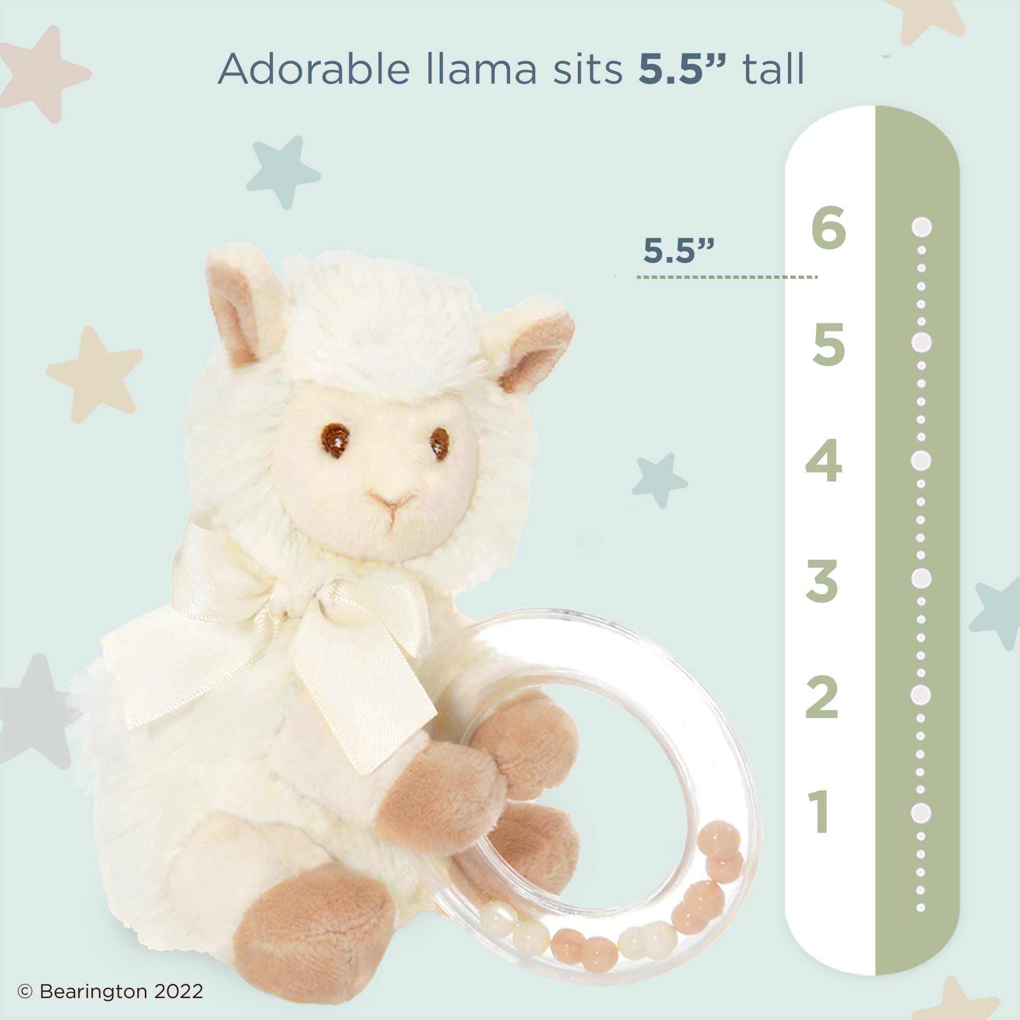 Bearington Baby Lil’ Alma Stuffed Animal Rattle: 5.5” Llama Shaker Toy with Soft Plush Faux-Fur, Satin Bow, Clear Ring and Moving Beads; Makes a Great Baby Shower Gift