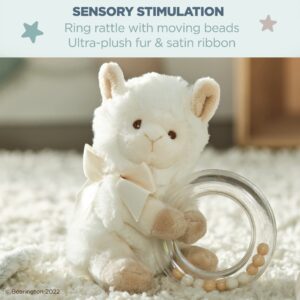 Bearington Baby Lil’ Alma Stuffed Animal Rattle: 5.5” Llama Shaker Toy with Soft Plush Faux-Fur, Satin Bow, Clear Ring and Moving Beads; Makes a Great Baby Shower Gift