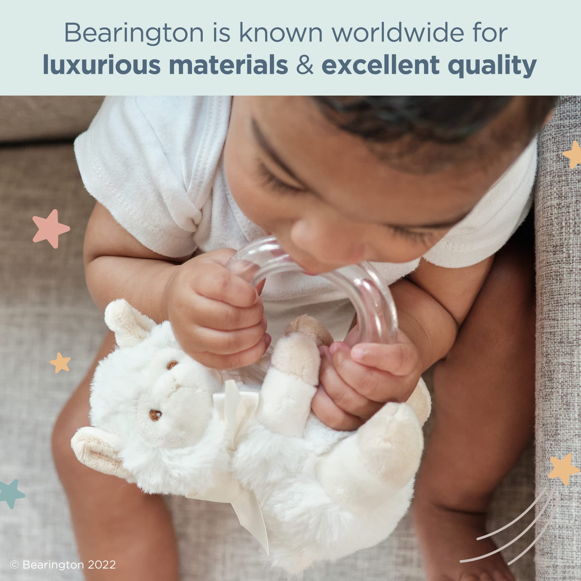 Bearington Baby Lil’ Alma Stuffed Animal Rattle: 5.5” Llama Shaker Toy with Soft Plush Faux-Fur, Satin Bow, Clear Ring and Moving Beads; Makes a Great Baby Shower Gift