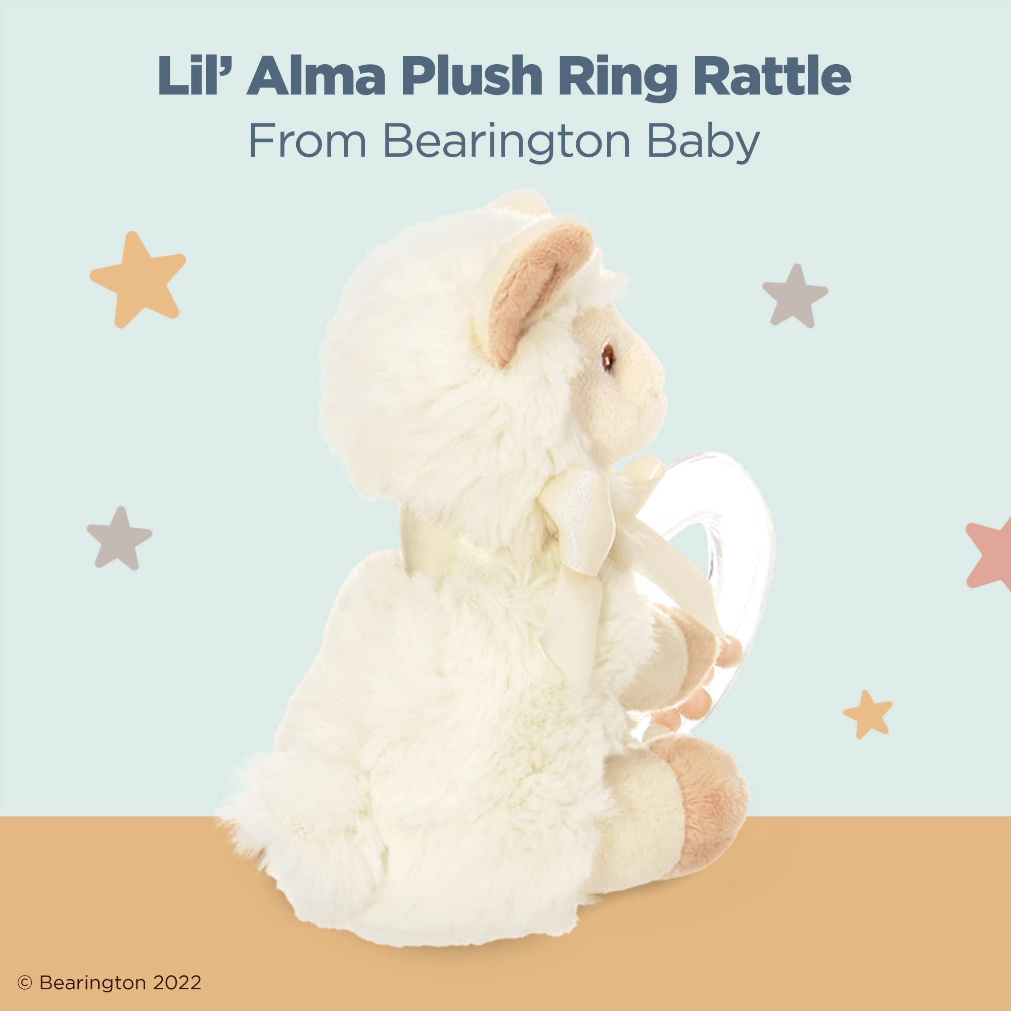 Bearington Baby Lil’ Alma Stuffed Animal Rattle: 5.5” Llama Shaker Toy with Soft Plush Faux-Fur, Satin Bow, Clear Ring and Moving Beads; Makes a Great Baby Shower Gift