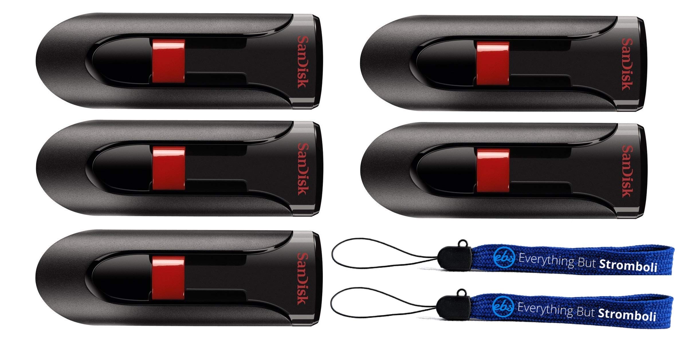 SanDisk Cruzer Glide 128GB Flash Drive (5 Pack) USB 2.0 Port Jump Drive Pen Drive (SDCZ60-128-B35) Bundle with (2) Everything But Stromboli Lanyards