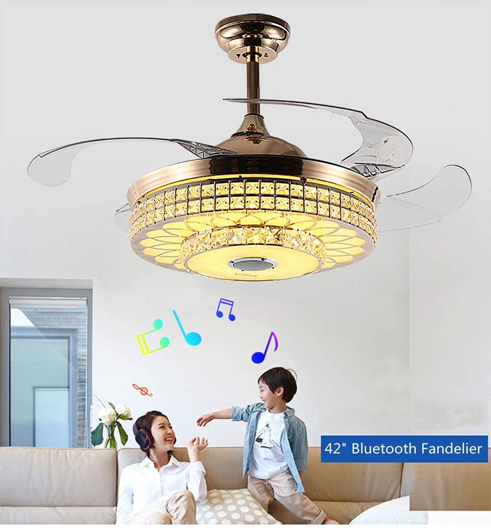 RuiWing 42" Luxury Crystal Fandelier Bluetooth Ceiling Fan with Light and Speaker, Modern Ceiling Fan Chandelier with Remote Control Retractable Invisible Music Player for Living Room