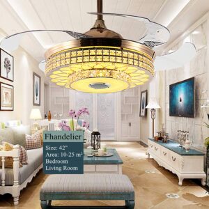 RuiWing 42" Luxury Crystal Fandelier Bluetooth Ceiling Fan with Light and Speaker, Modern Ceiling Fan Chandelier with Remote Control Retractable Invisible Music Player for Living Room