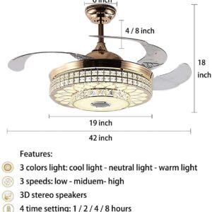 RuiWing 42" Luxury Crystal Fandelier Bluetooth Ceiling Fan with Light and Speaker, Modern Ceiling Fan Chandelier with Remote Control Retractable Invisible Music Player for Living Room