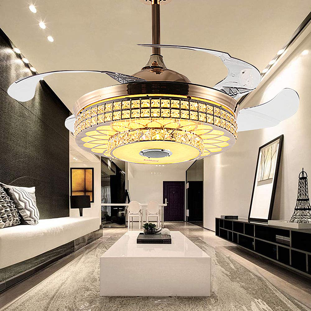 RuiWing 42" Luxury Crystal Fandelier Bluetooth Ceiling Fan with Light and Speaker, Modern Ceiling Fan Chandelier with Remote Control Retractable Invisible Music Player for Living Room