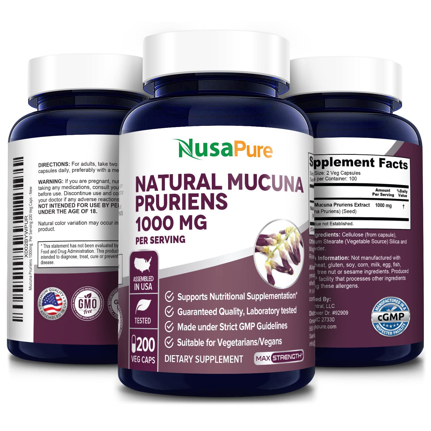 NusaPure Mucuna Pruriens 1000mg 200 Veggie Caps (Non-GMO, 100% Vegetarian, Gluten Free)