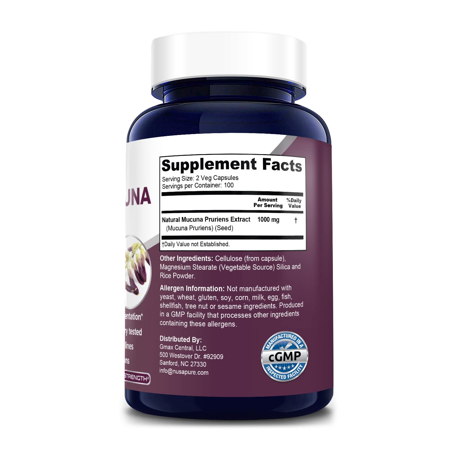 NusaPure Mucuna Pruriens 1000mg 200 Veggie Caps (Non-GMO, 100% Vegetarian, Gluten Free)