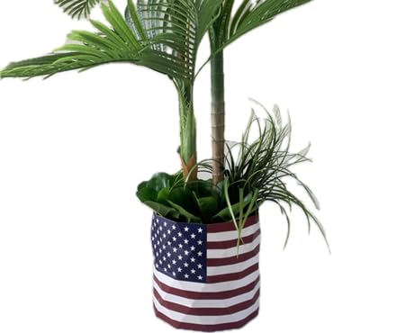 Deluxe 78" Golden Cane Palm Artificial Tree + Premium Fiddle Leaf Foliage in 8" Base + 12" Plant Pot Skirt + Bonus USA Flag Style Pot Pant