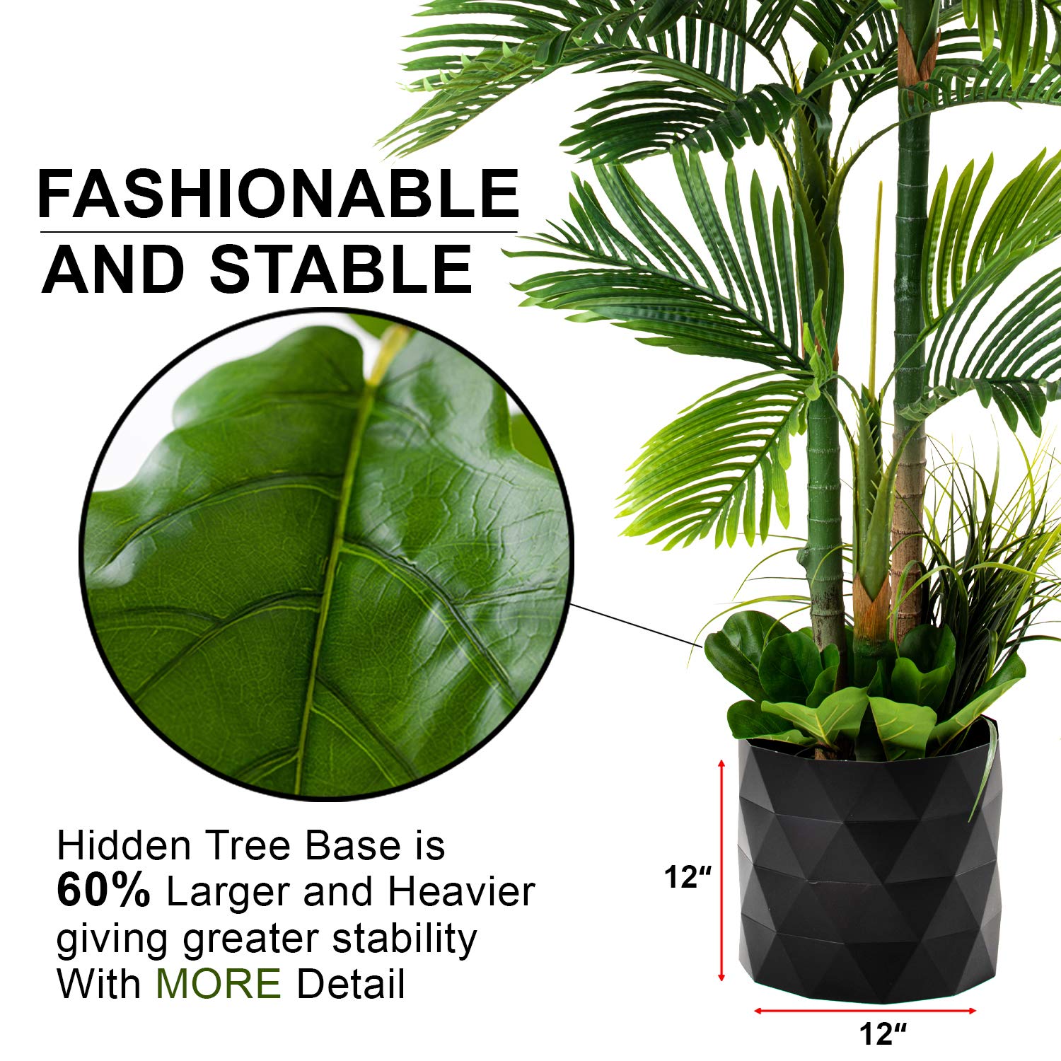 Deluxe 78" Golden Cane Palm Artificial Tree + Premium Fiddle Leaf Foliage in 8" Base + 12" Plant Pot Skirt + Bonus USA Flag Style Pot Pant