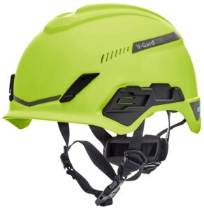 msa 10194788 h1 v-gard helmet with fas-trac iii ratchet suspension | polyethylene shell, superior impact protection, self adjusting crown straps - standard size in hi-viz yellow/green