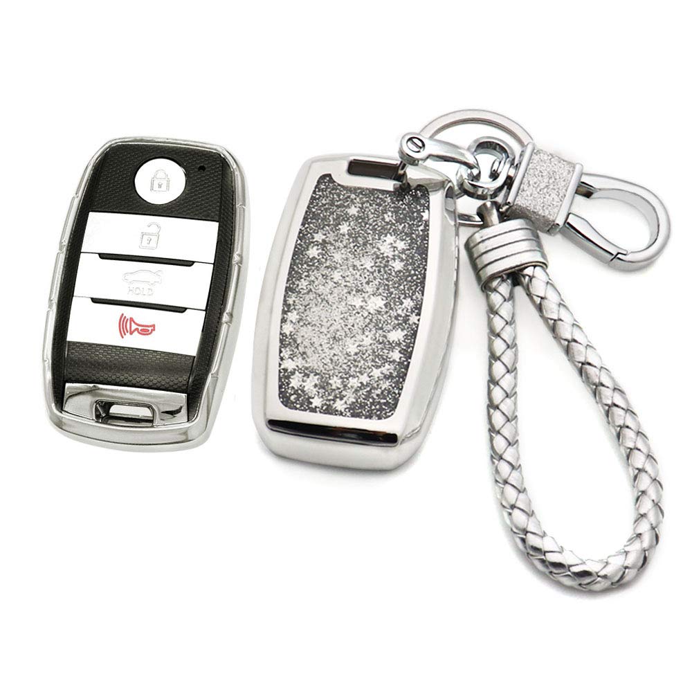 Senauto Quicksand Key Fob Cover Case Keychain for Kia Smart Keyless Entry Remote Key (Silver)