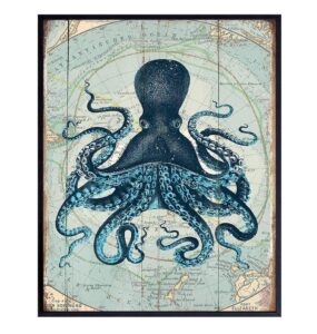 retro style nautical home, office, apartment or wall decor picture - vintage octopus photo print is great gift or decoration for bathroom, beach or ocean house - 8x10 art poster